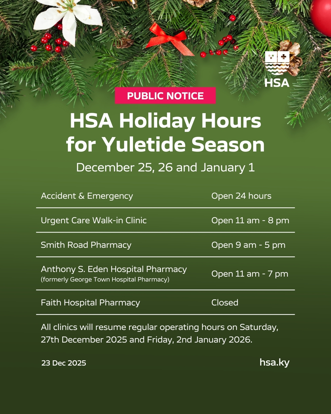 HSA Holiday Hours for Yuletide Season | HSA